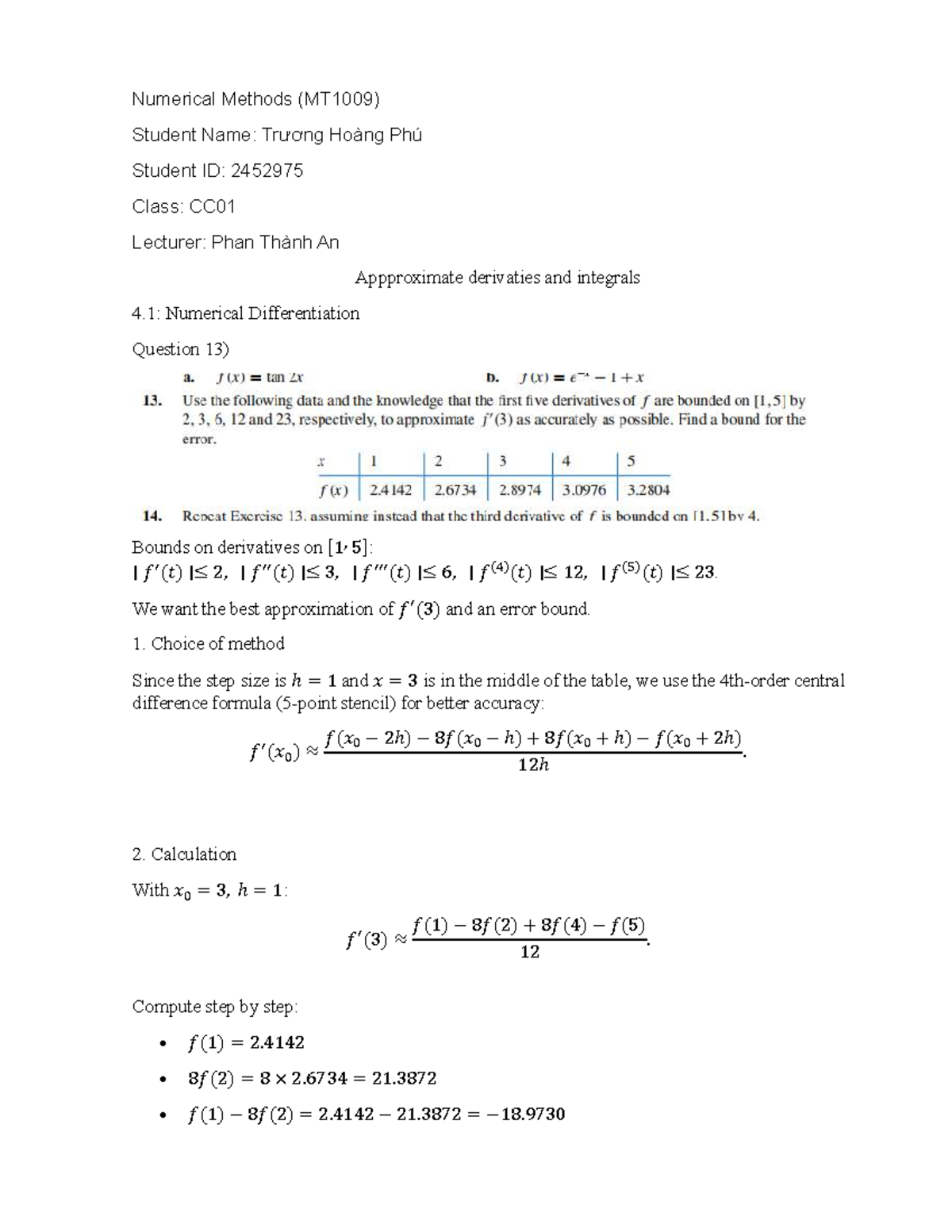 Numerical Methods (MT1009) - Approximation of Derivatives & Integrals ...