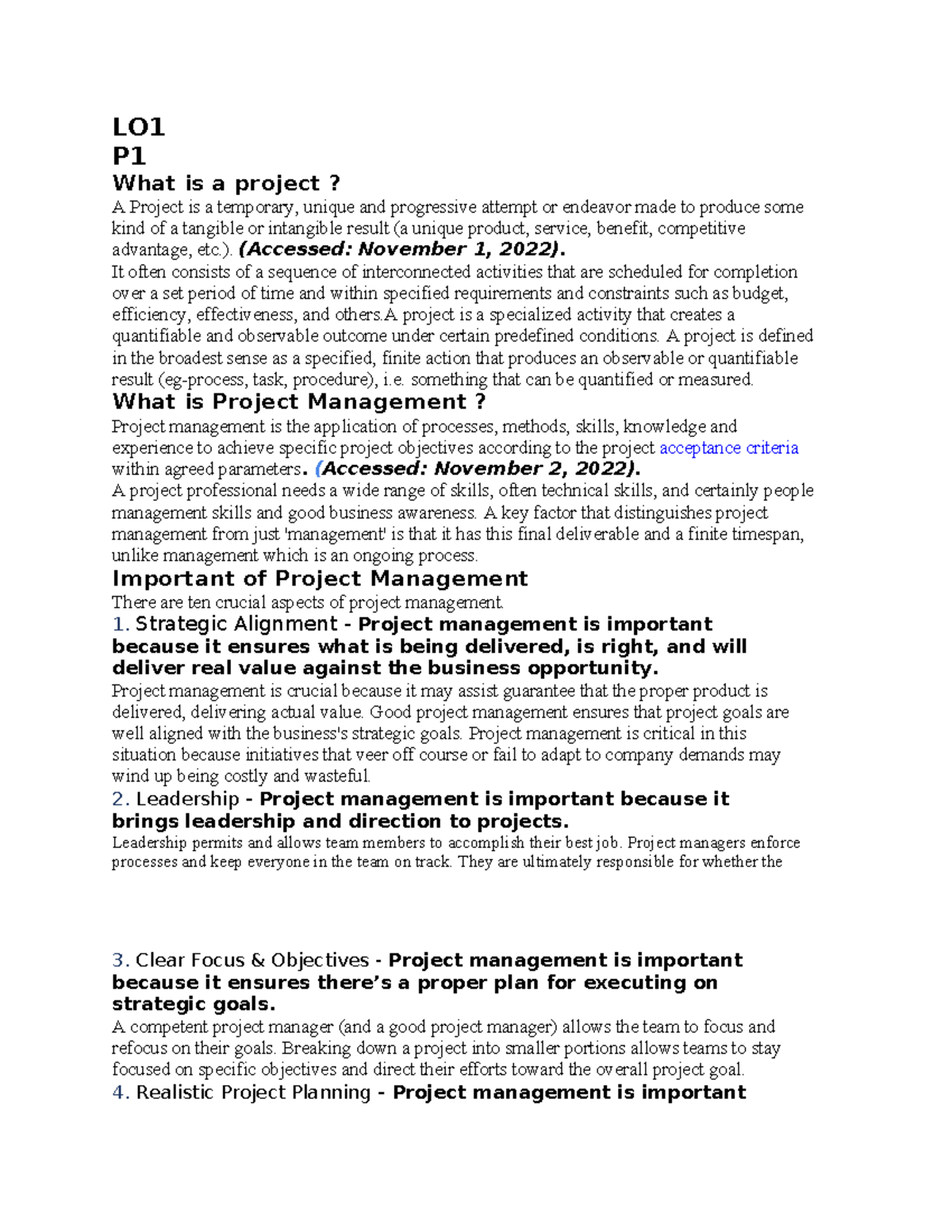 LO1 P1 Understanding Project Management and Its Lifecycle - Studocu