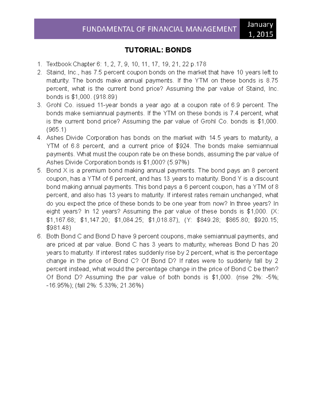 Bonds tutorials - FUNDAMENTAL OF FINANCIAL MANAGEMENT January 1, 2015 ...