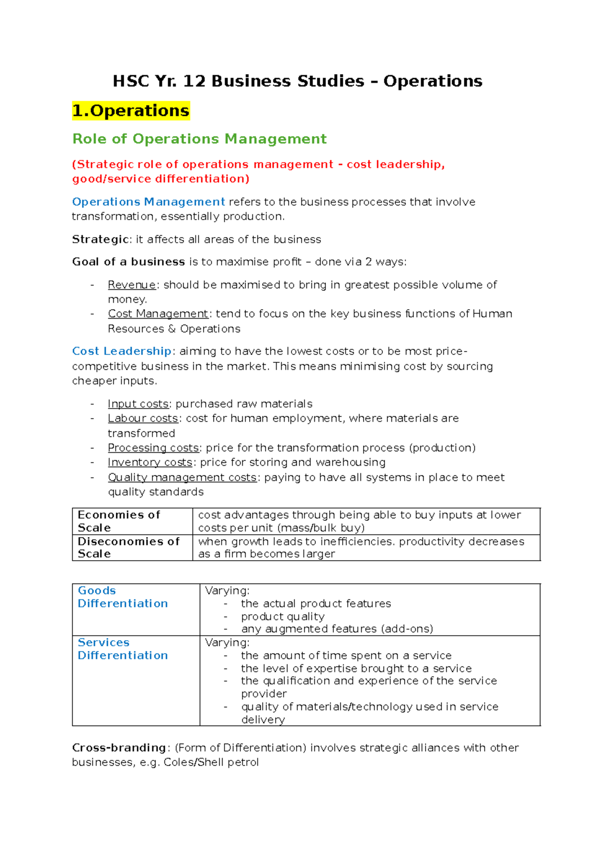 Business Studies - Operations Notes - HSC Yr. 12 Business Studies ...