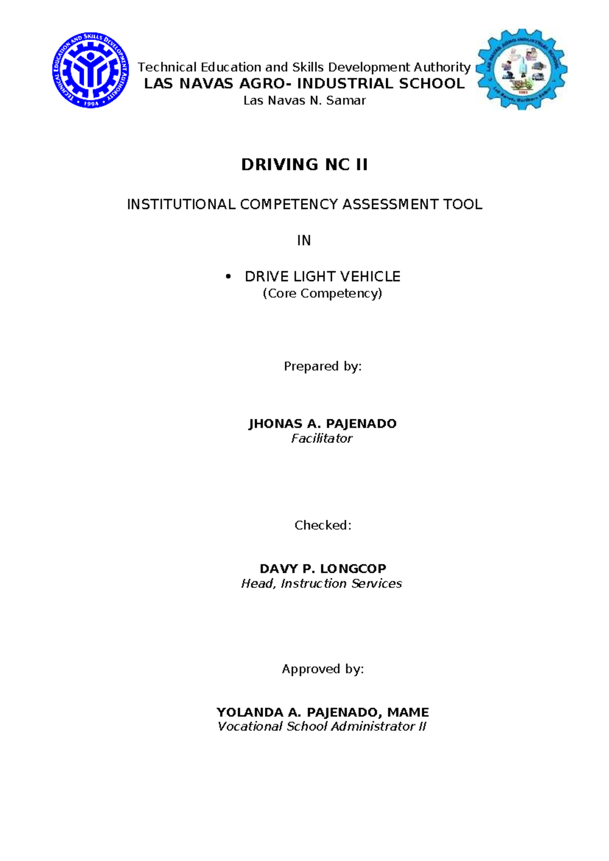 Driving NC II: Institutional Competency Assessment Tool for Light ...