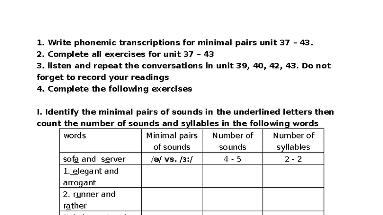 BTVN Unit 7 - Phonemic Transcriptions & Minimal Pairs Exercises - Studocu