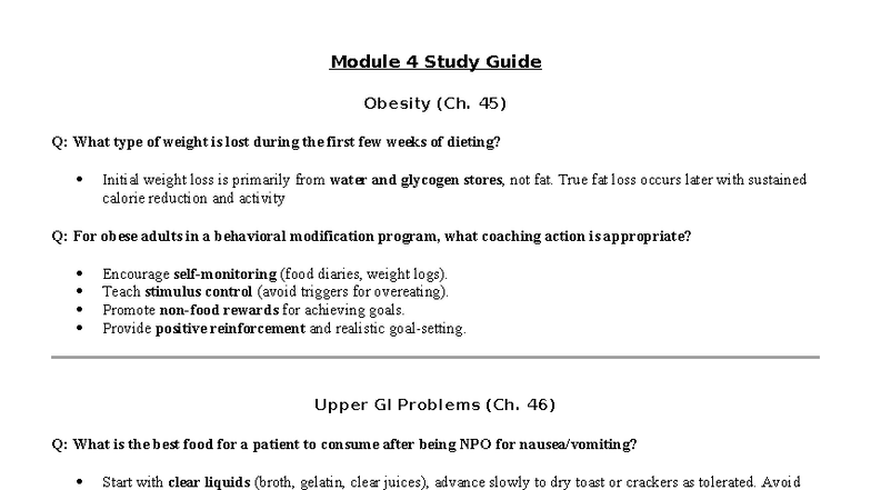 Module 4 Quiz Study Guide: Obesity & GI Problems (Ch. 45-48) - Studocu
