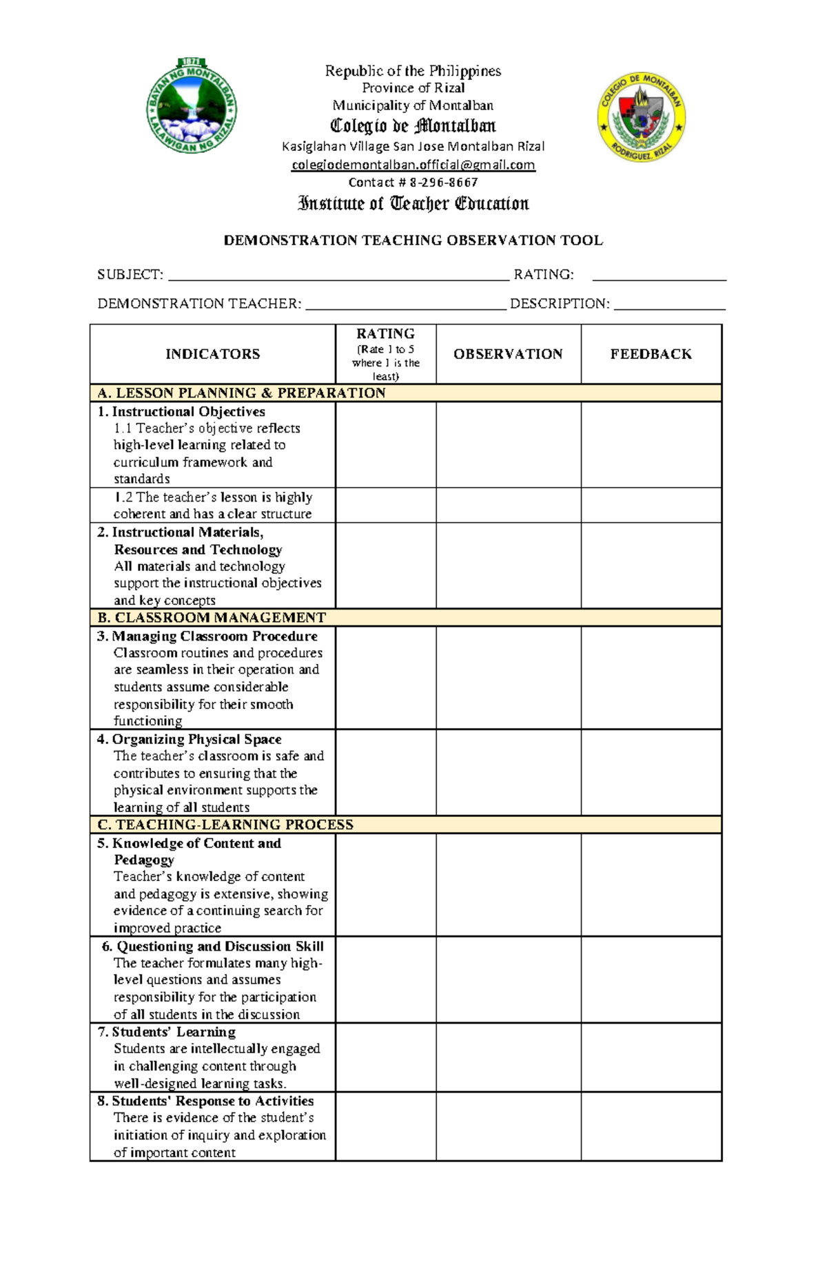 Demo Teaching Observation Tool - April 2024 Evaluation Guide - Studocu