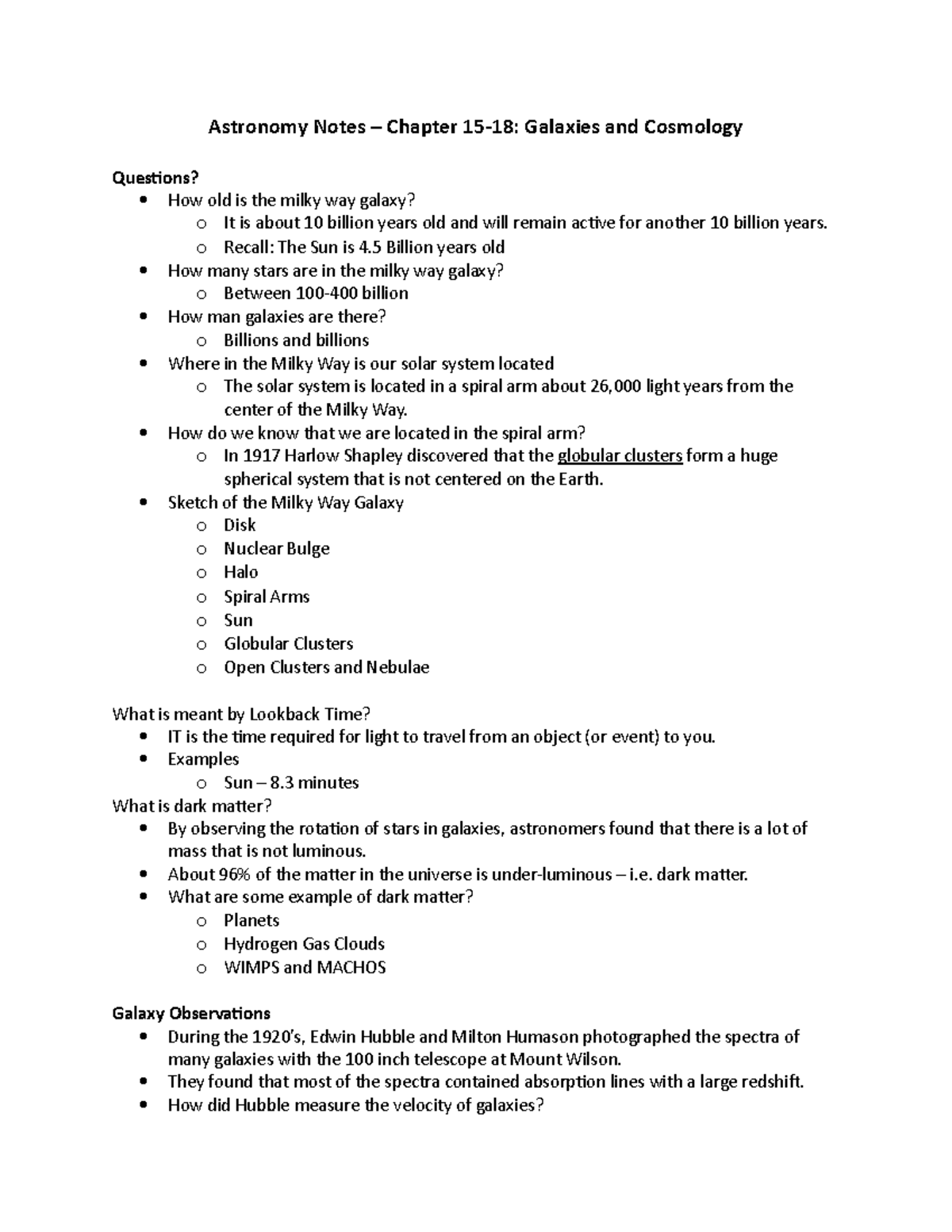 Astronomy Notes Chapter 15-18 - Astronomy Notes Chapter Galaxies and ...