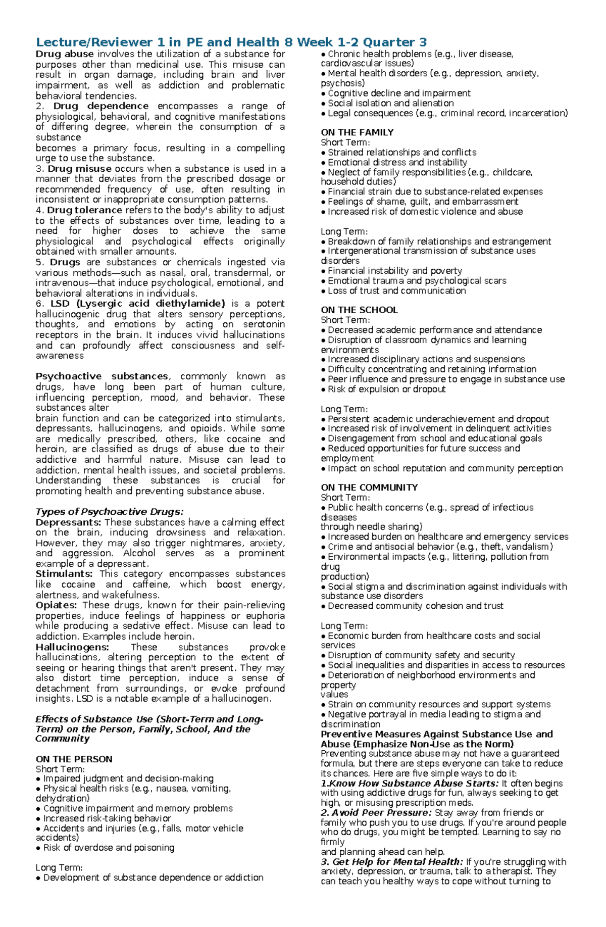 G8 PEH Q3 Lecture Review: Understanding Drug Abuse and Its Impact - Studocu