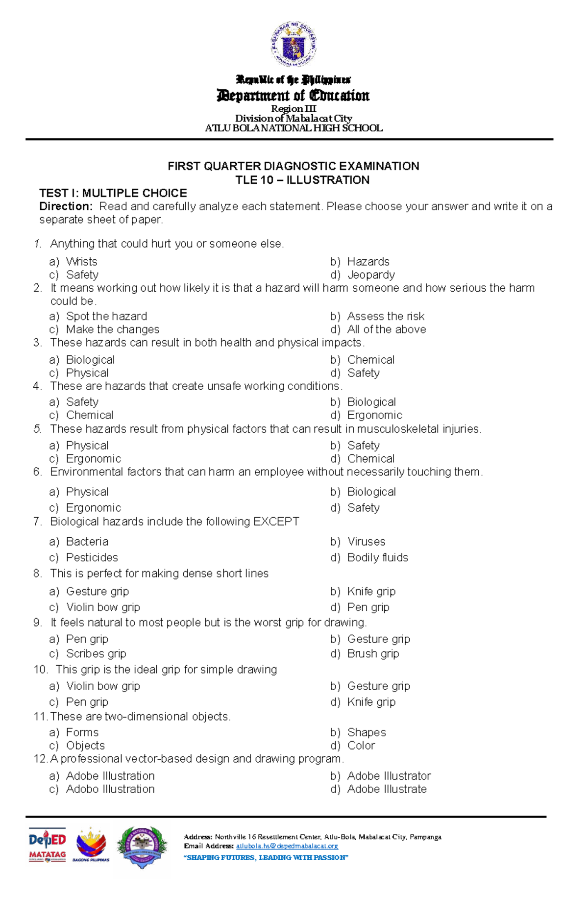TLE 10 First Quarter Diagnostic Exam: Illustration Test I - Studocu