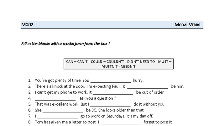 M002 MODAL VERBS Fill-in-the-Blanks Exercise - Studocu