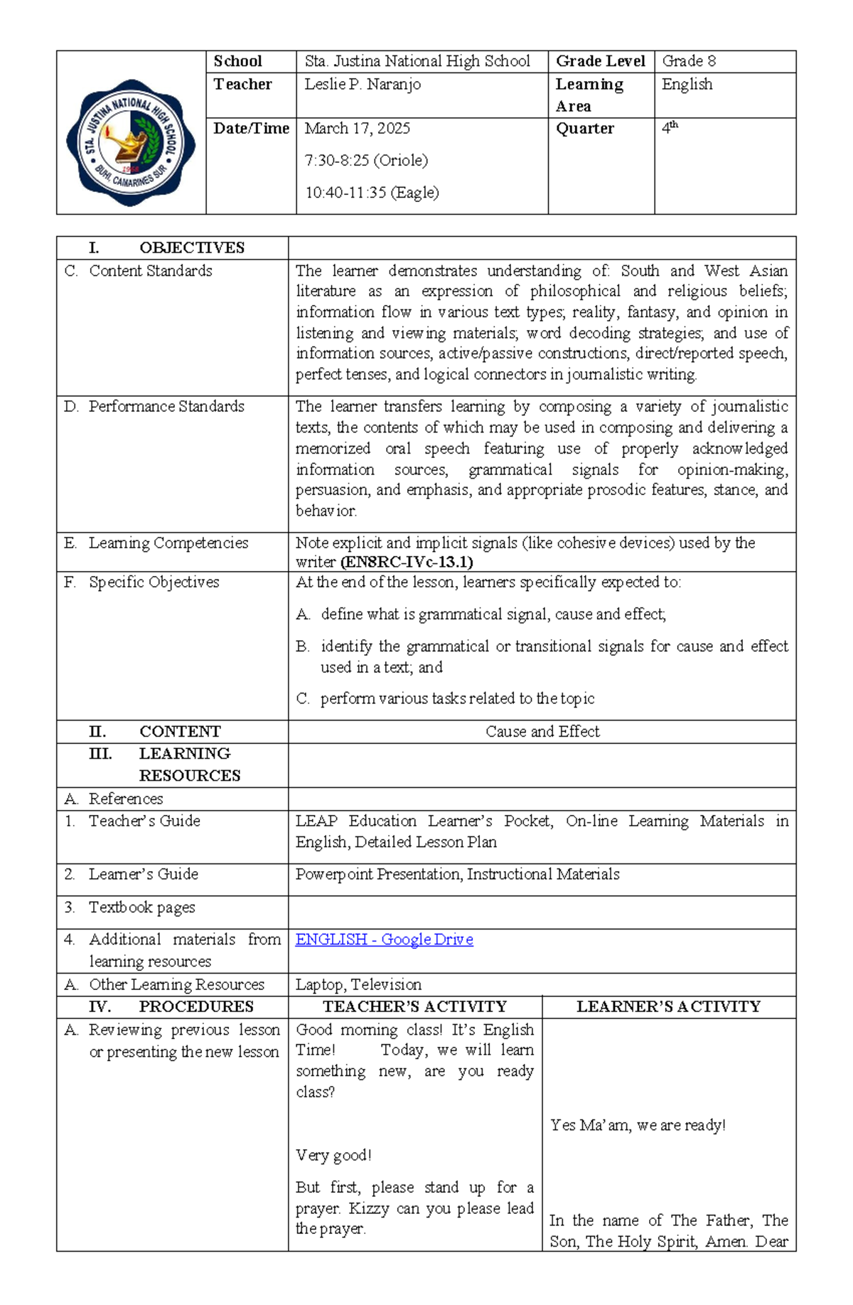 Grade 8 English Lesson Plan: Cause and Effect Signals - Studocu