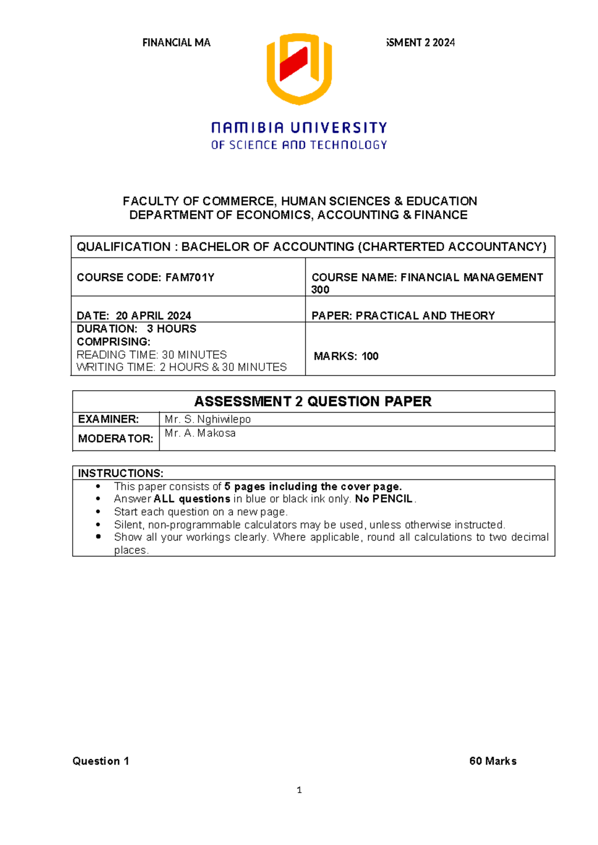 FAM701Y Financial Management Assessment 2 Question Paper 2024 - Studocu