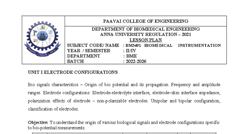BM3491 Biomedical Instrumentation Lesson Plan - Unit I & II Overview ...