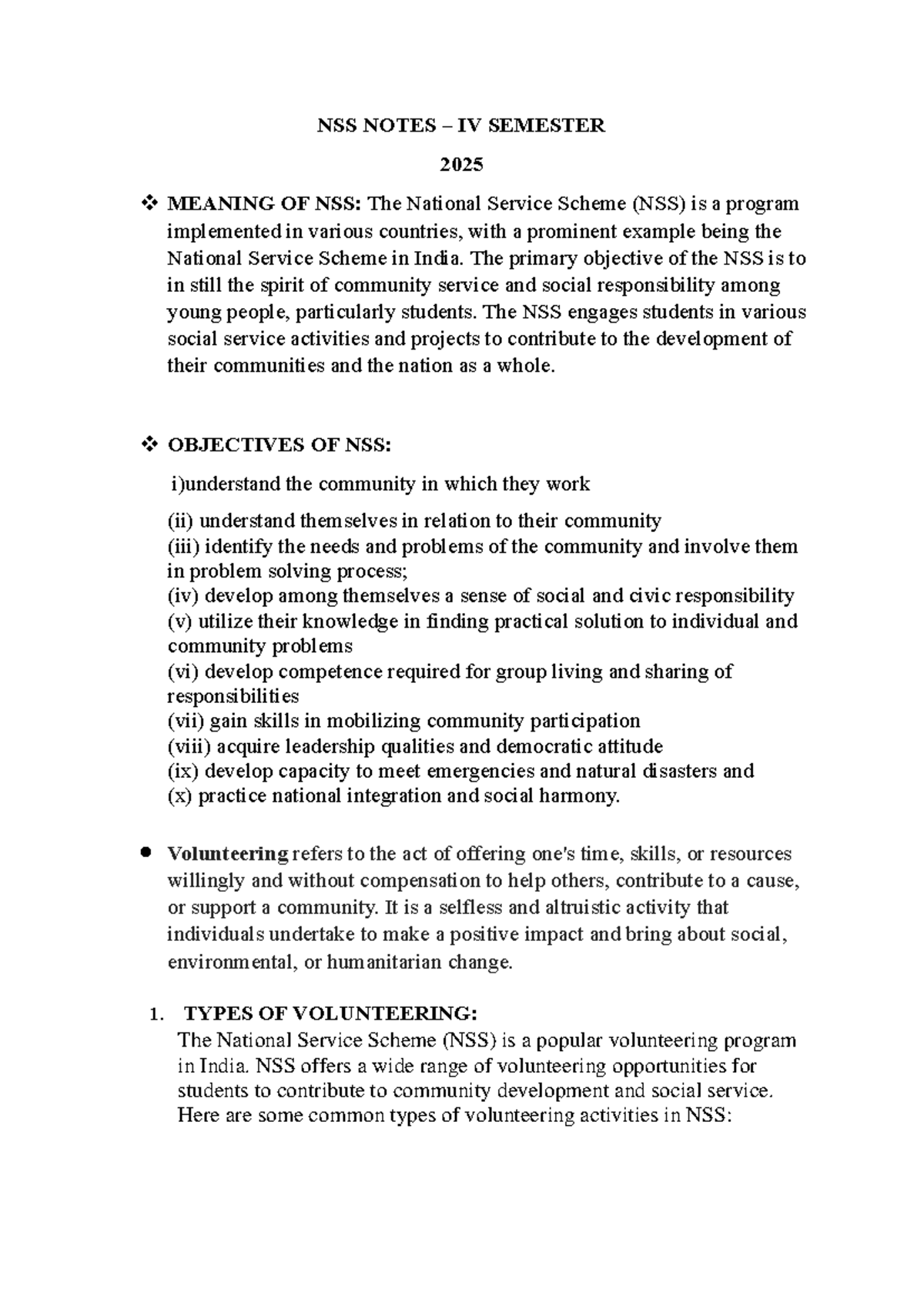NSS Notes IV SEM Second Internals 2025 - Community Service and ...
