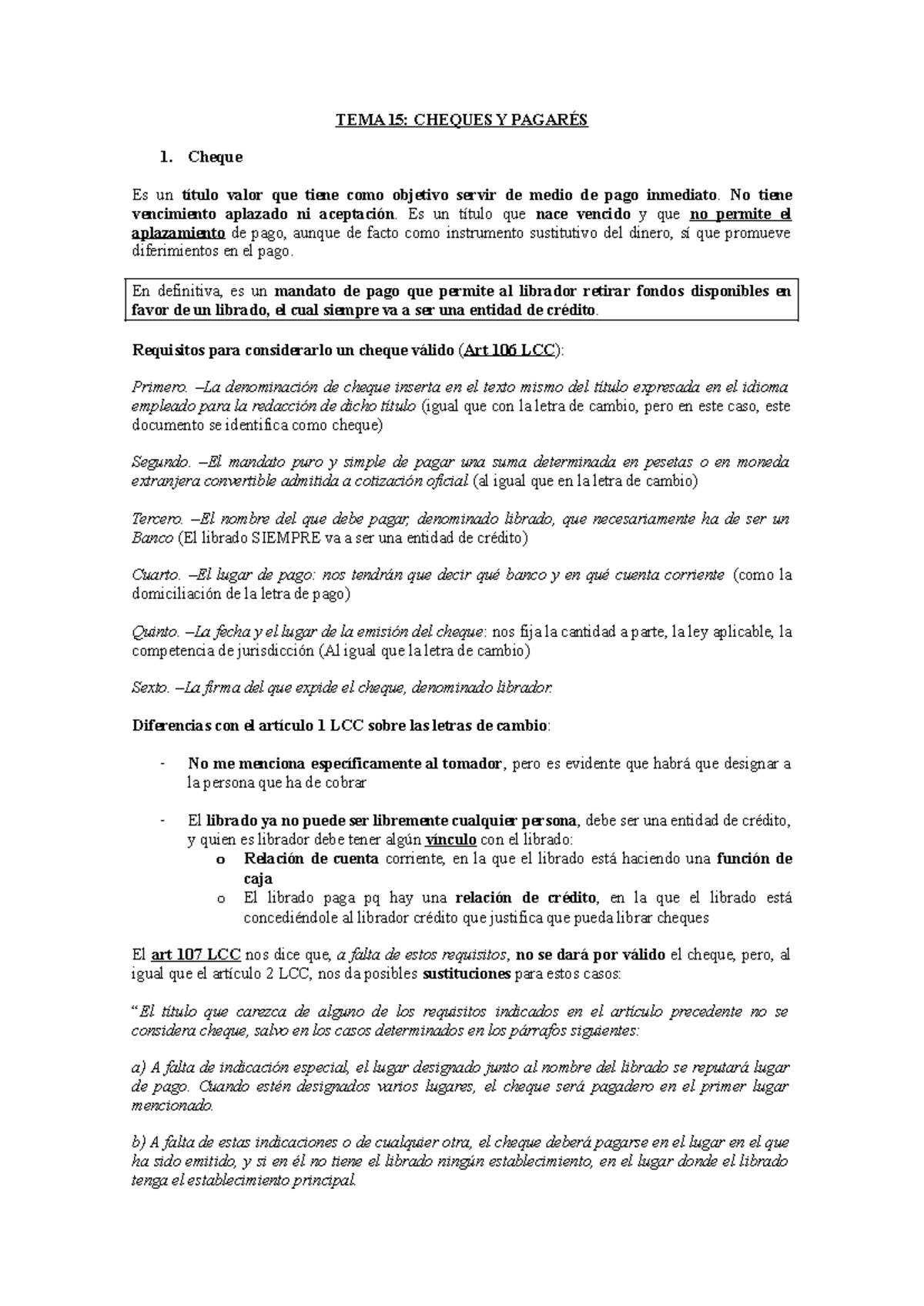 TEMA 15: CHEQUES Y PAGARÉS - Análisis y Requisitos Legales - Studocu
