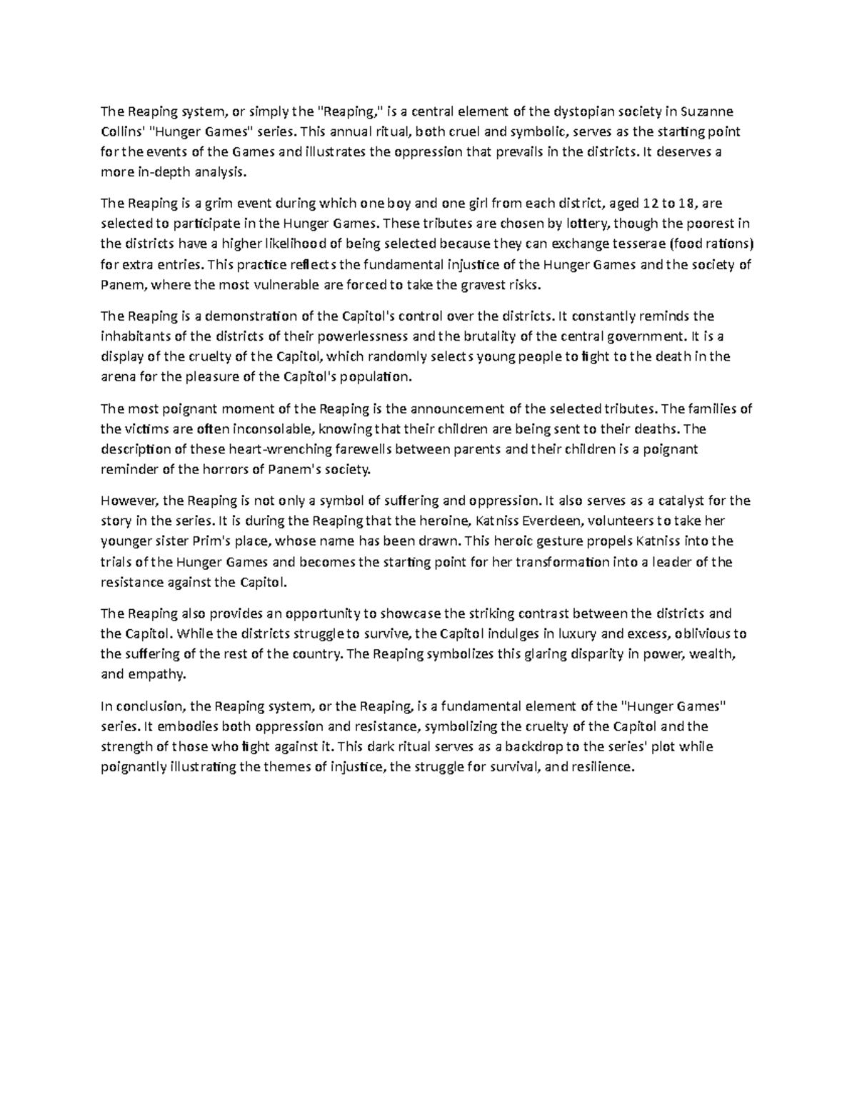 The Reaping System Analysis - Hunger Games Insights - Studocu