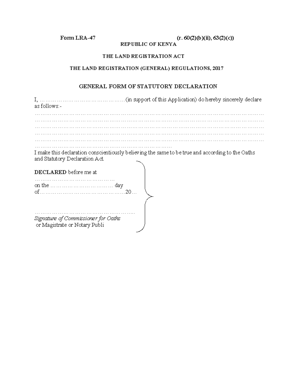 Form LRA 47 General FORM OF Statutory Declaration - Form LRA-47 (r. 60 ...