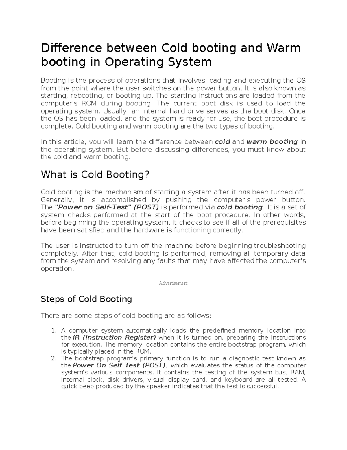 Difference Between Cold Booting and Warm Booting in OS: A Comparative Study - Studocu