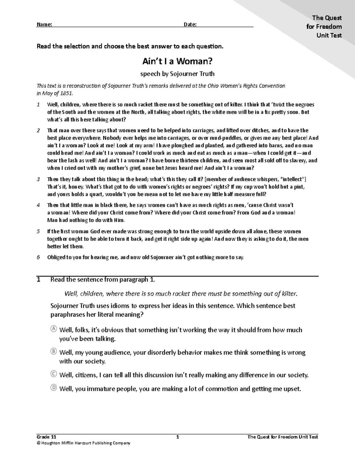 The Quest for Freedom Unit Test - Grade 11 Analysis and Questions - Studocu