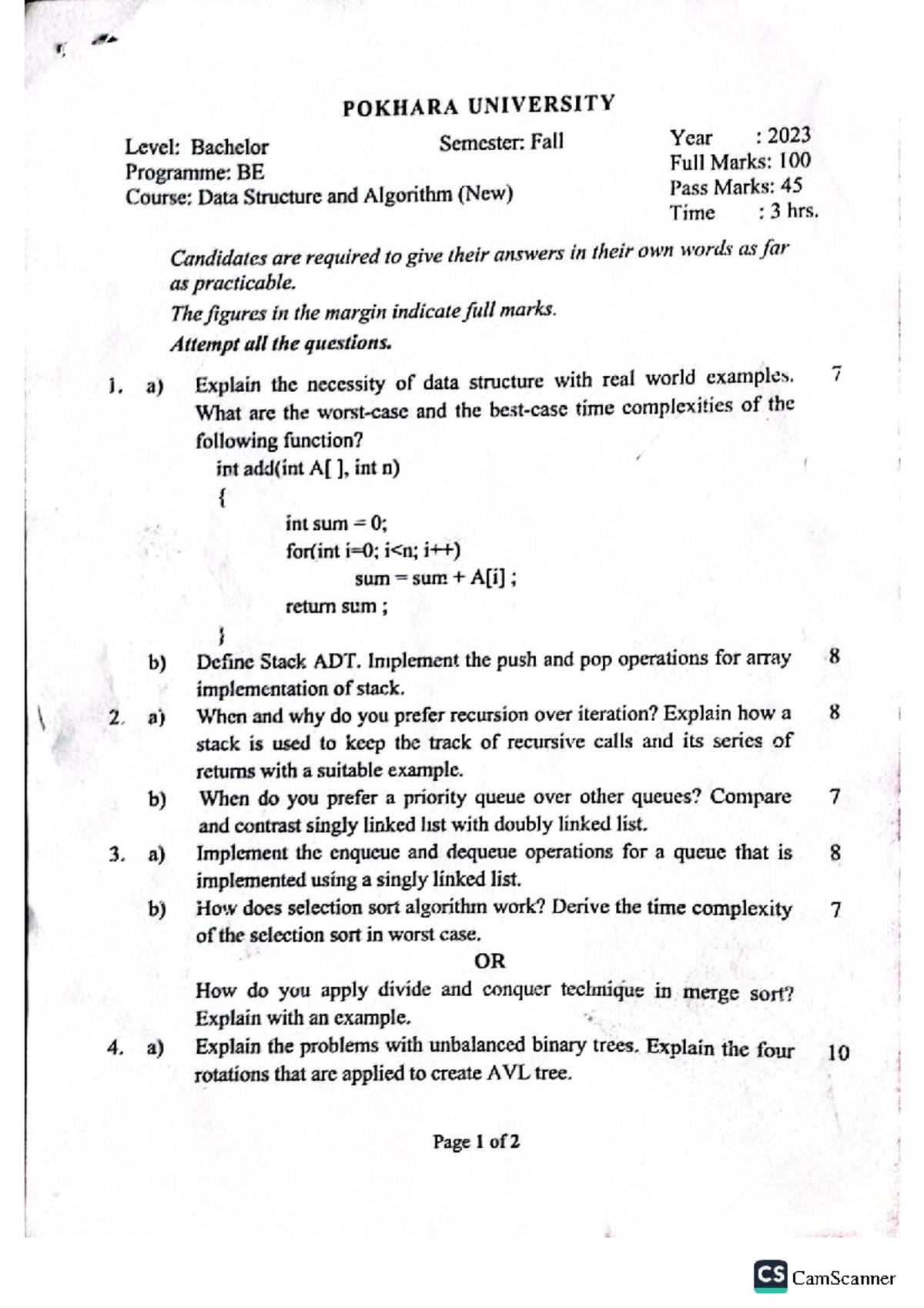 DSA 2023Fall - Data Structure & Algorithm Exam Questions - Studocu