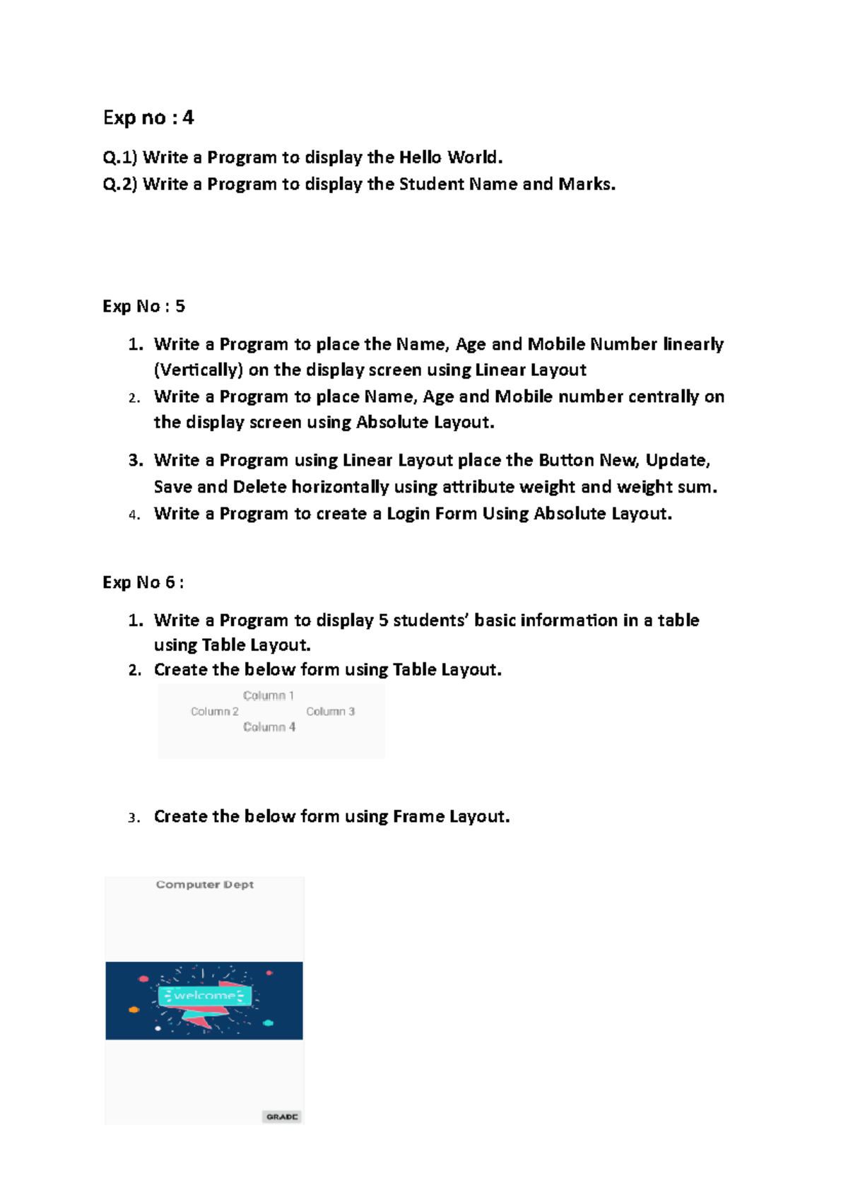 Exercises - doc - Exp no : 4 Q) Write a Program to display the Hello ...