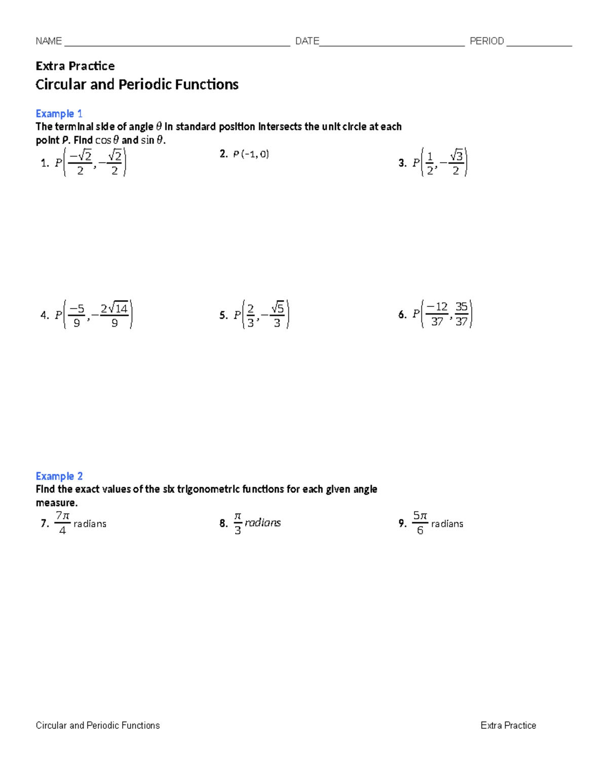 Graphing Sine & Cosine Functions: Extra Practice for NAME PERIOD - Studocu
