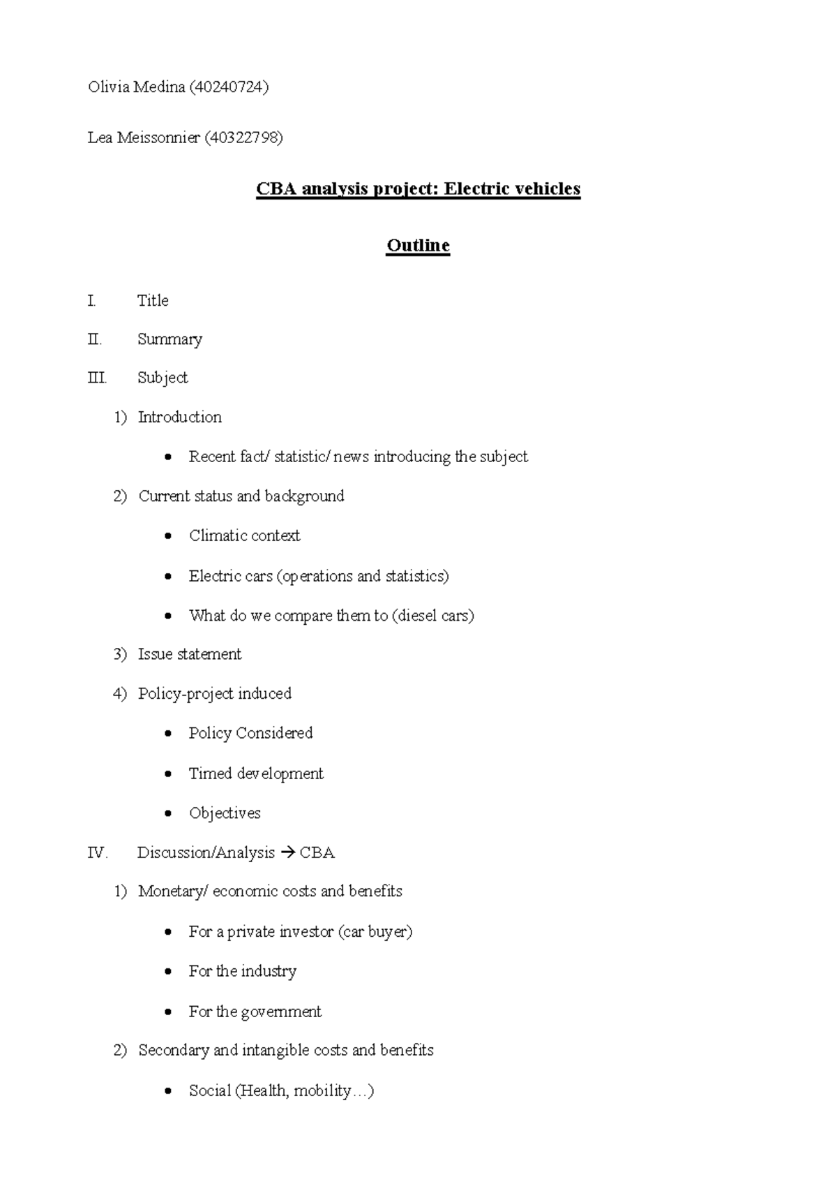 CBA Analysis Project on Electric Vehicles - Econ 330 Outline - Studocu