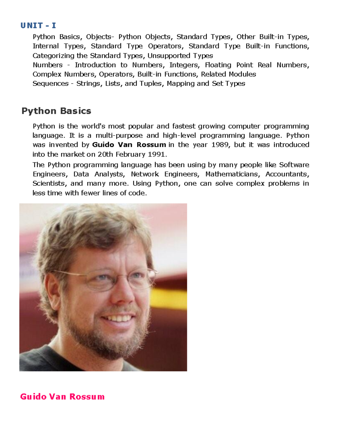 PP Unit-I: Introduction to Python Basics, Objects, and Data Types - Studocu