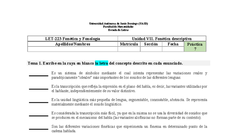 Práctica 7 - Fonética Descriptiva UASD: Ejercicios y Transcripciones ...