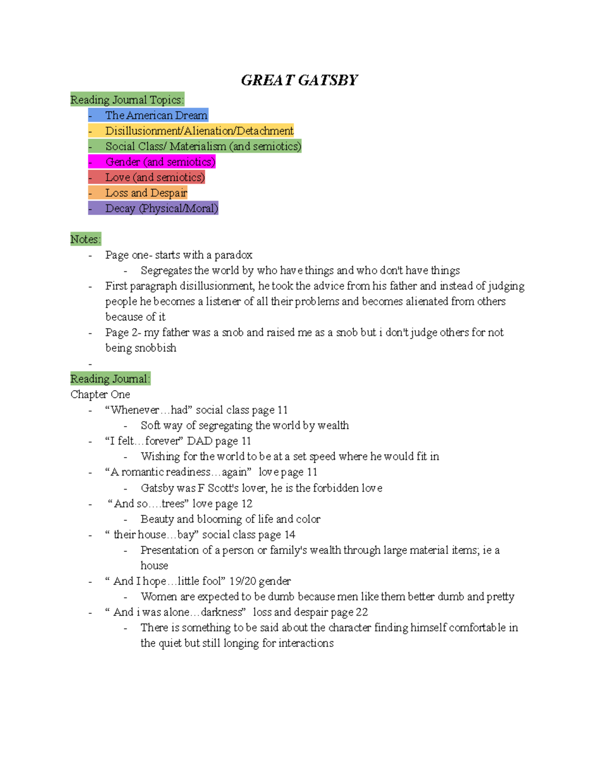 GREAT GATSBY (ENG 101) Reading Journal and Study Guide Notes - Studocu