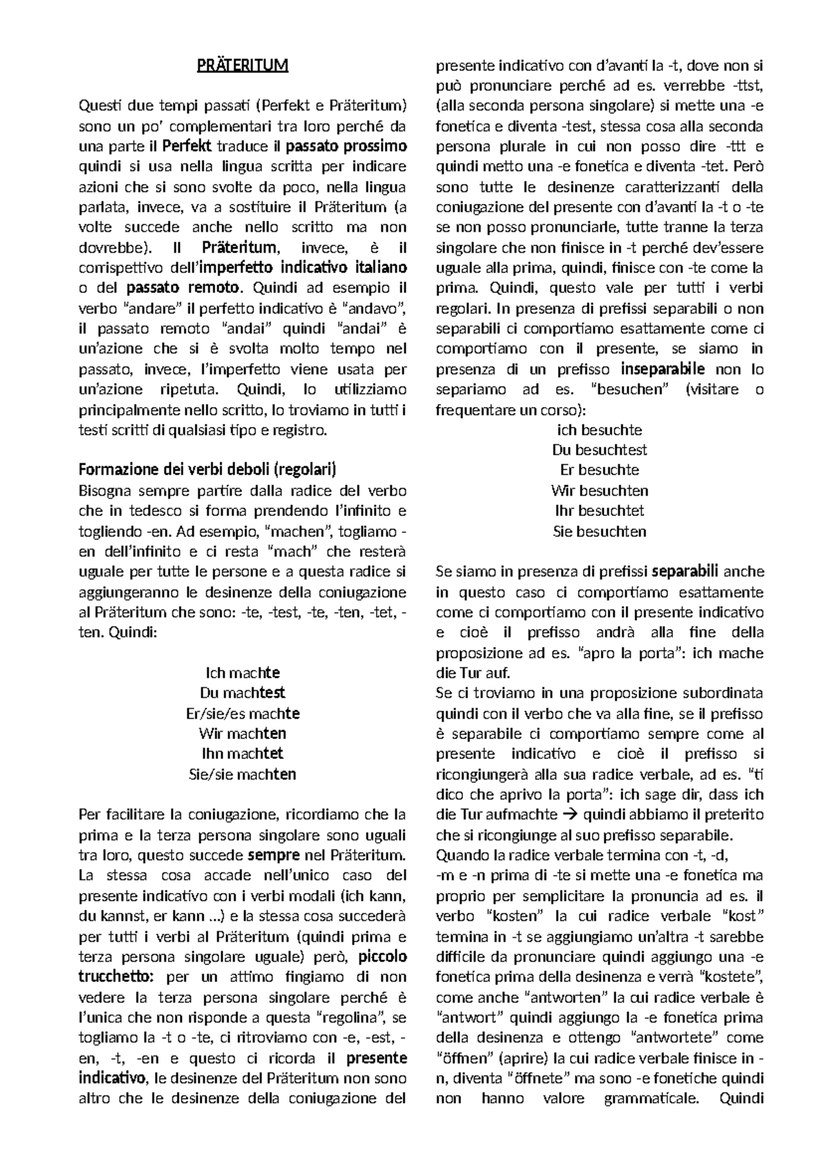 PRÄTERITUM: Coniugazione dei Verbi Passati in Tedesco - Studocu