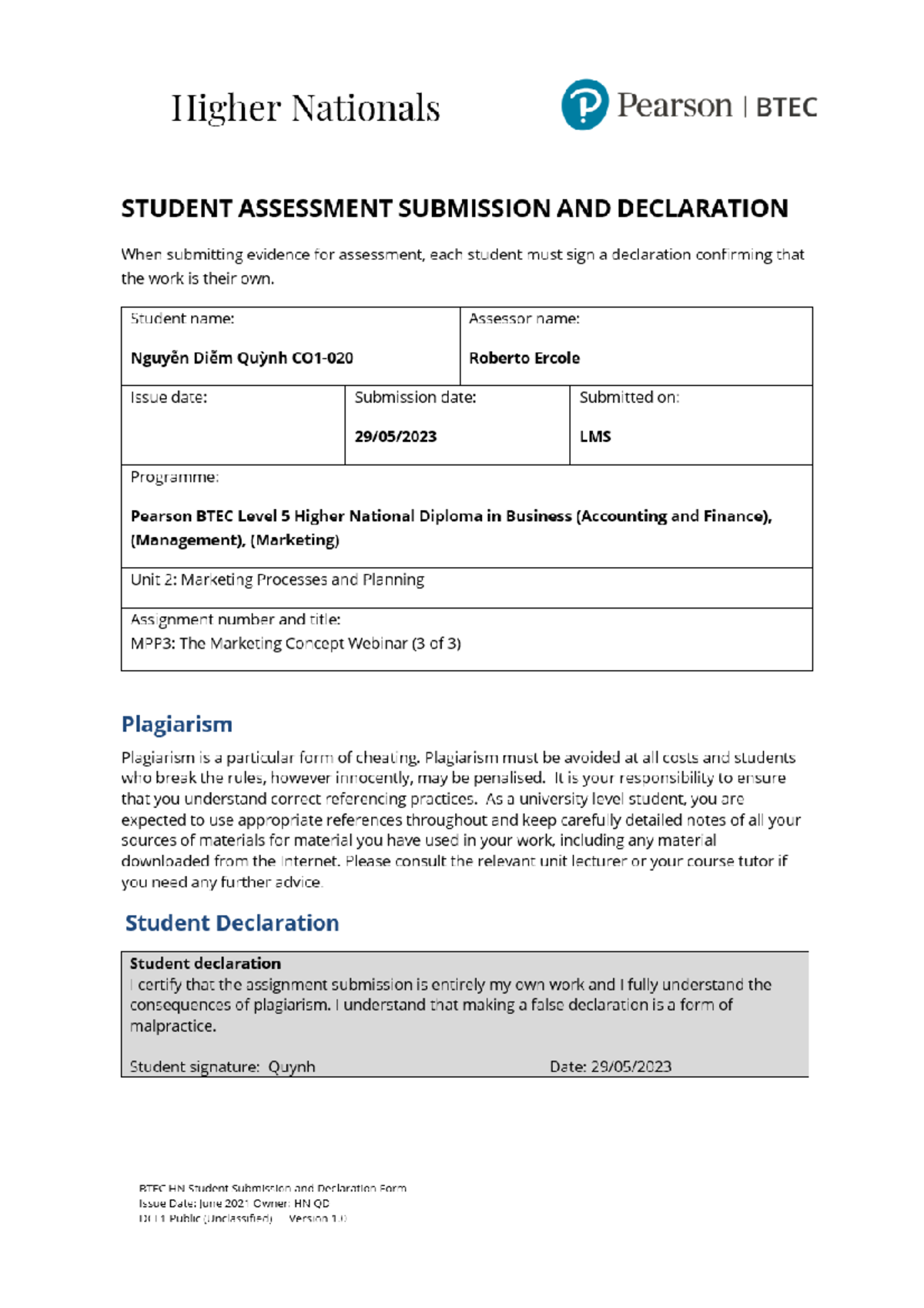 Student Assessment Submission and Declaration - Unit 2. MPP Assignment ...