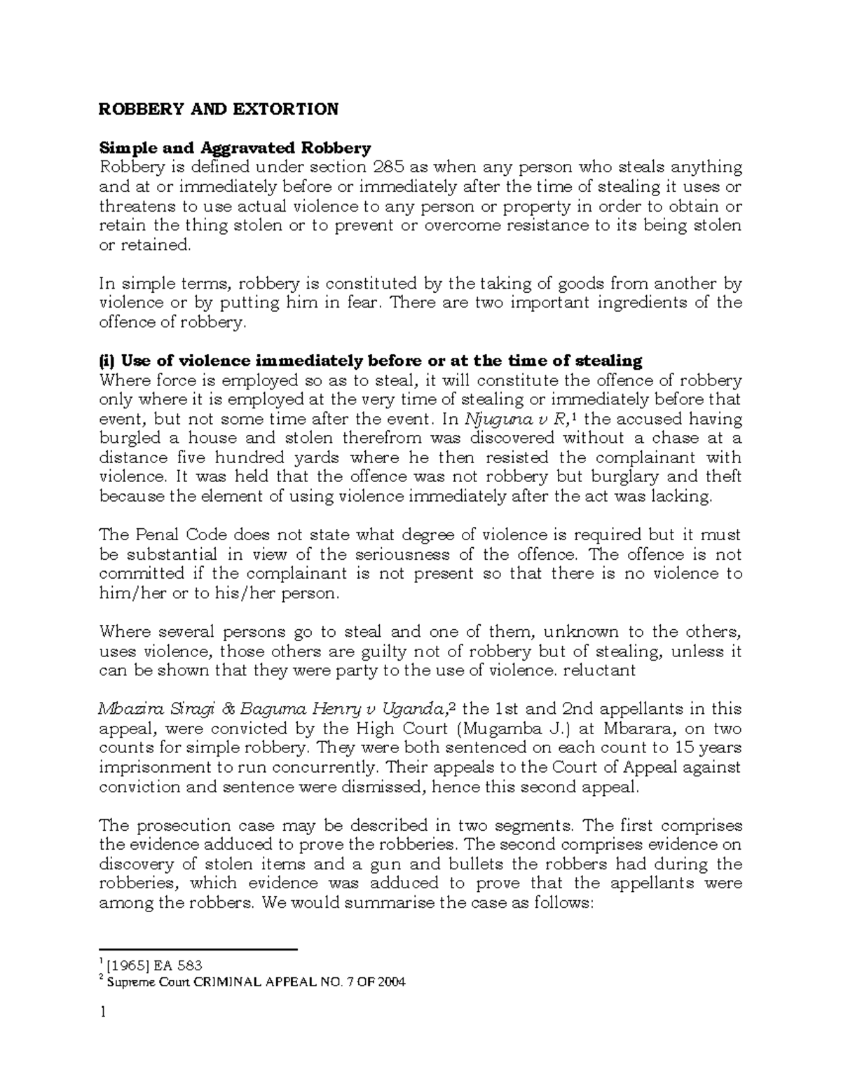 Robbery Class Notes - Key Concepts and Case Law Analysis - Studocu