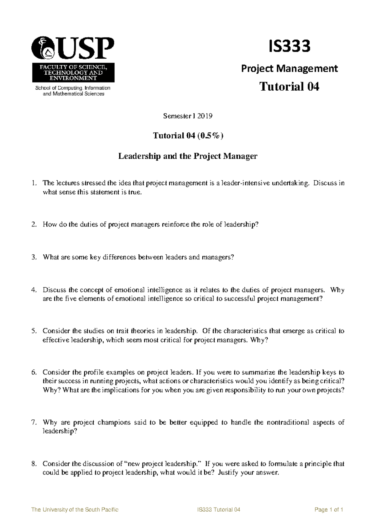 Tutorial 04 - Leadership and the Project Manager - The University of ...