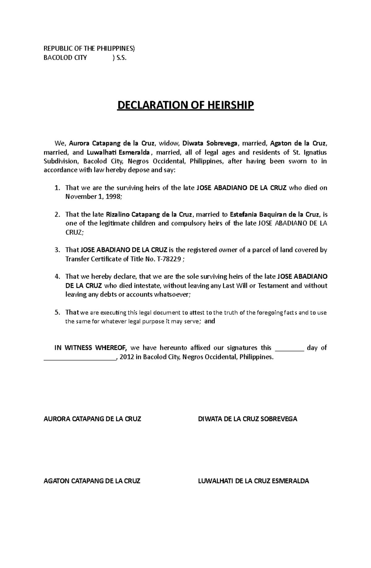 Final Declaration of Heirship for Jose Abadiano de la Cruz - Studocu