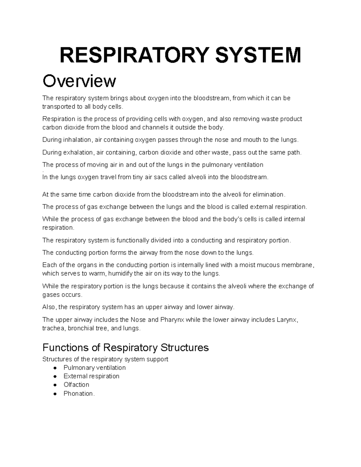 Respiratory System A&P Lab: Functions, Structures, and Processes - Studocu