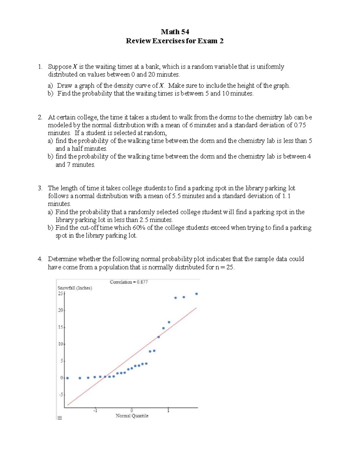 Math 54 Exam 2 Review Exercises: Probability & Statistics Concepts ...