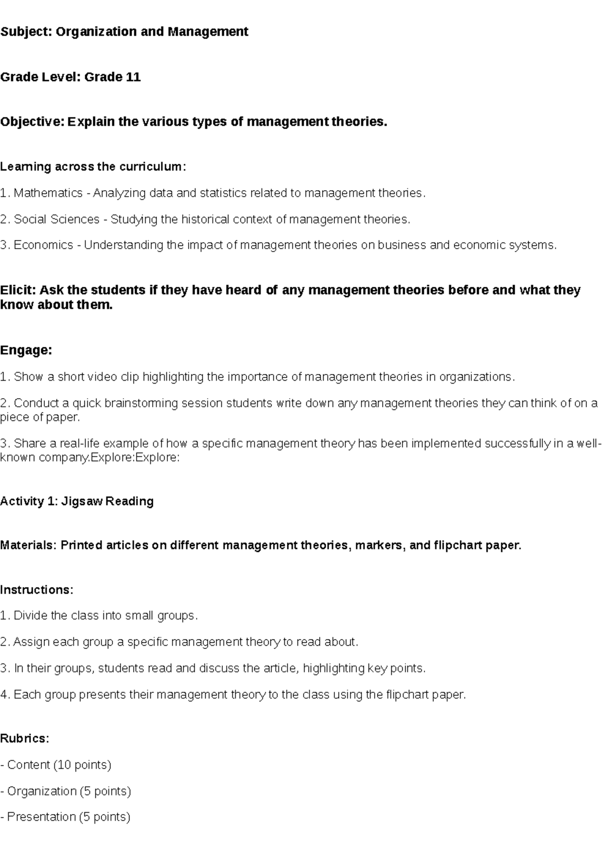 ABM AOM11 Management Theories: Comprehensive Class Activities Guide ...