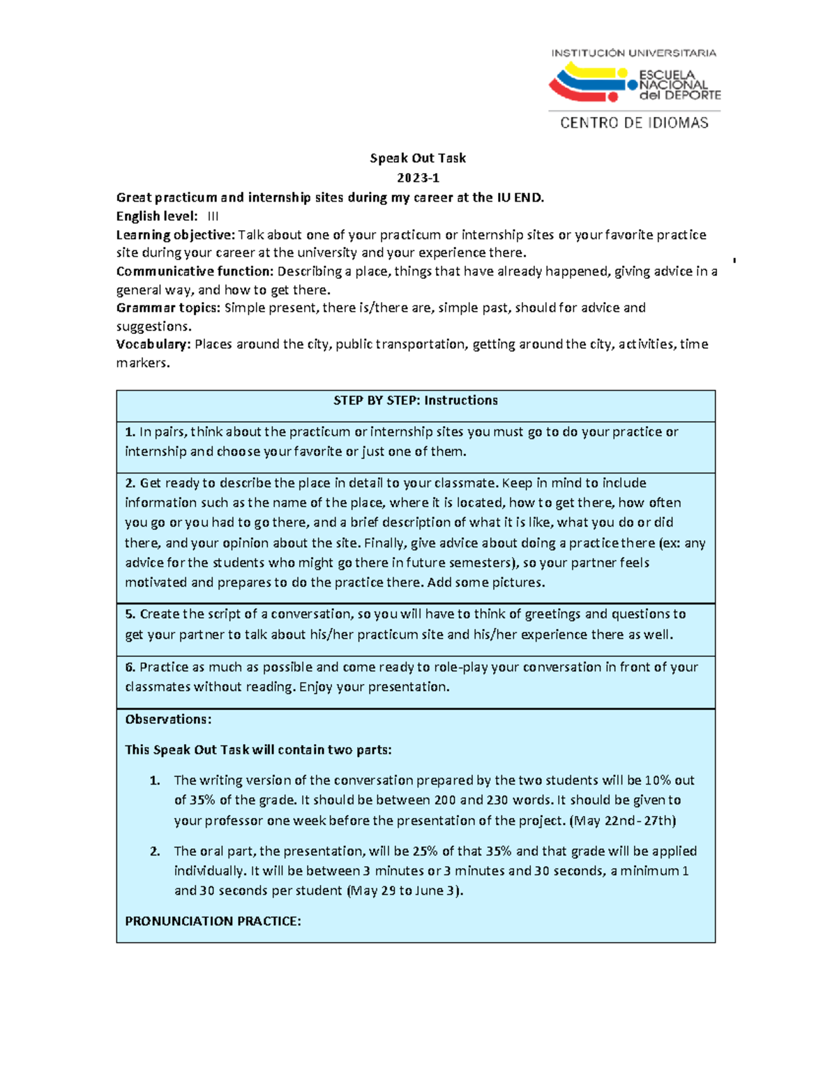 3C - Speak Out Task: Internship Site Experience Presentation - Studocu