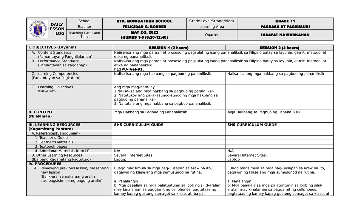 DLL 2- Weekly Lesson Plan for Pagbasa at Pagsusuri (Grades 11) - Studocu