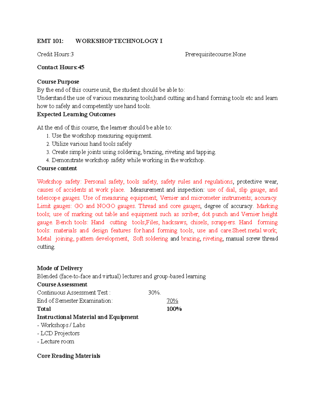 Workshop Technology I Overview - EMT 101 Course Outline - Studocu