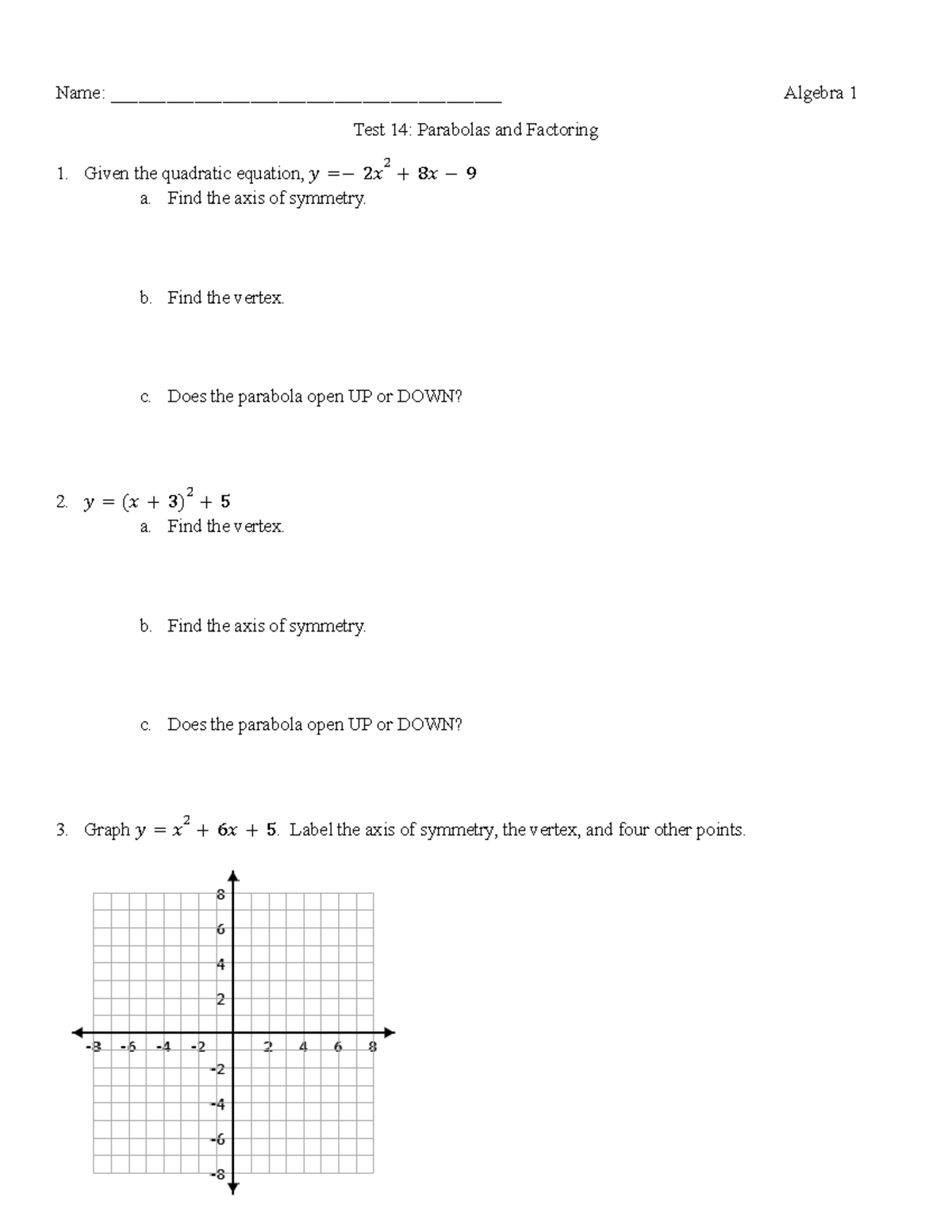 ALG 1 Test 14: Parabolas, Axis of Symmetry & Vertex Analysis - Studocu