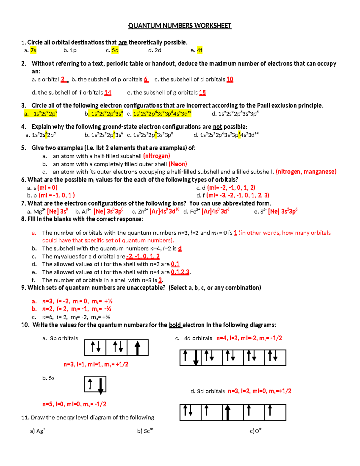 QUANTUM NUMBERS WORKSHEET 1 - Chem Answers - Studocu