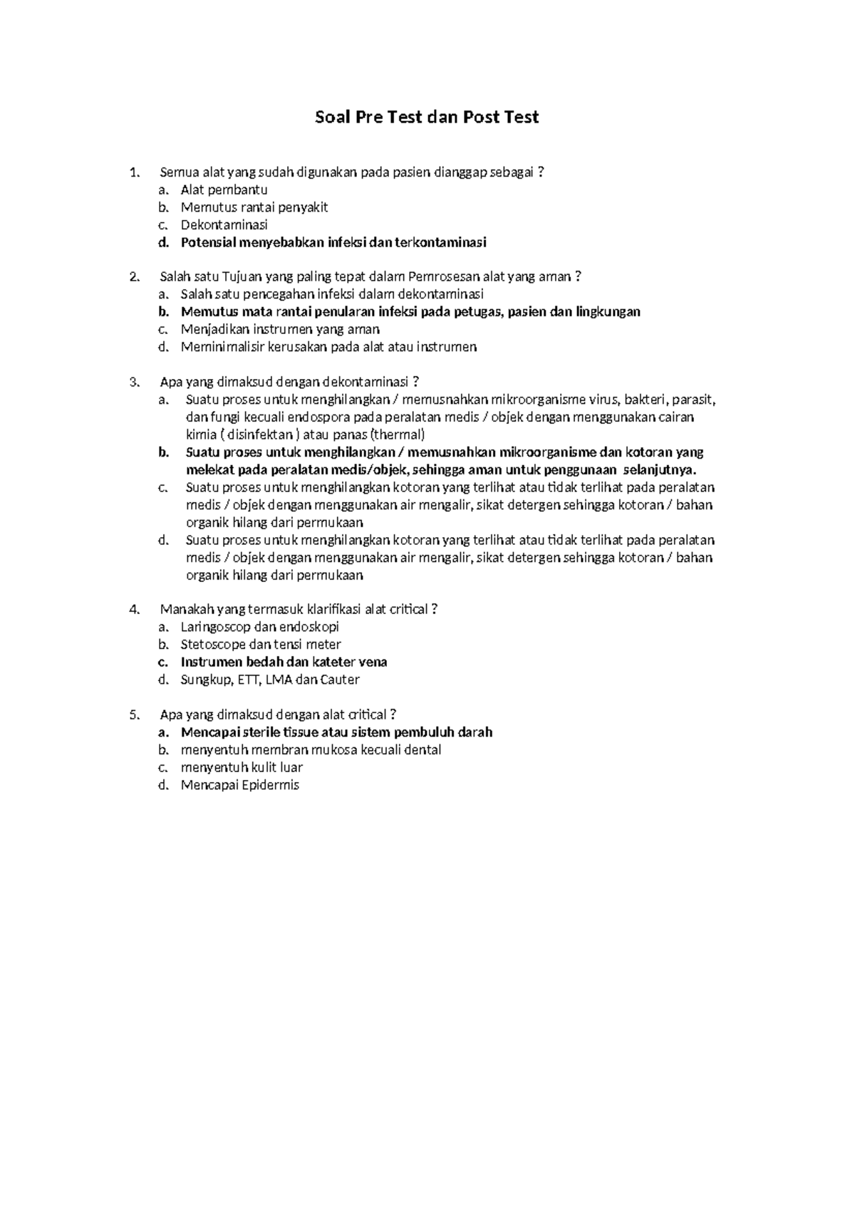 Soal Pre Test & Post Test: Aspek Keamanan Alat Medis - Studocu