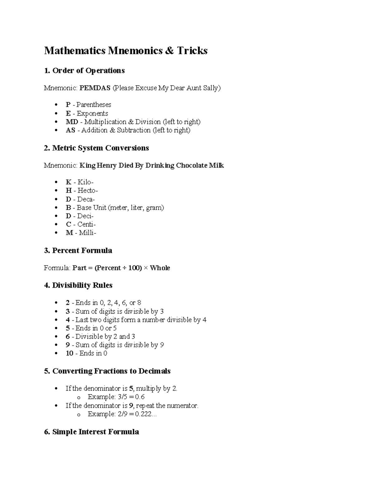 Mathematics & Science Mnemonics for ATI TEAS Exam - Studocu