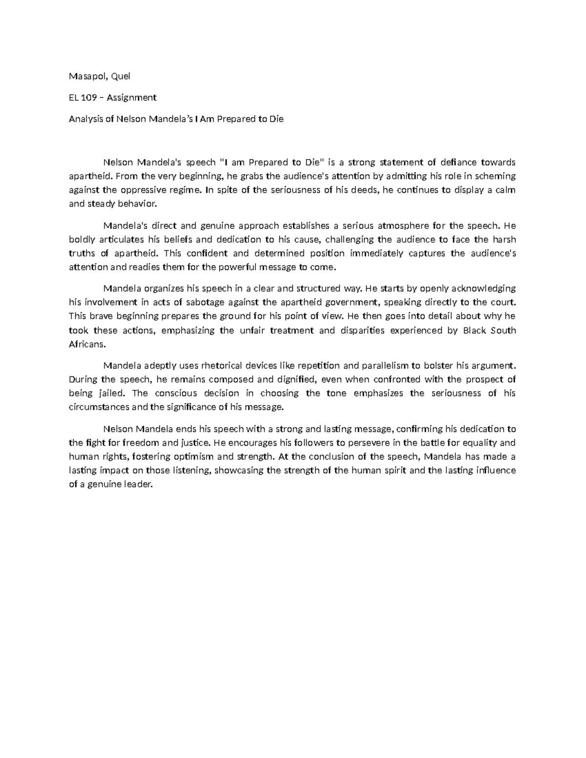 EL 109 - Speech Analysis: Nelson Mandela's "I Am Prepared to Die" - Studocu