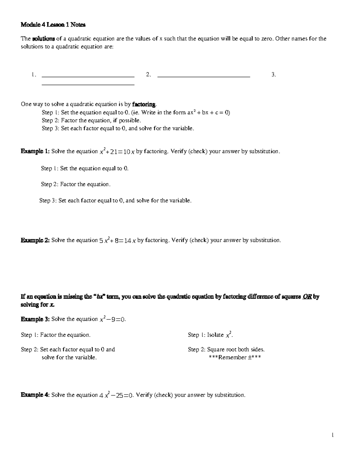 Module 4 Lesson 1: Quadratic Equations and Solutions - Studocu
