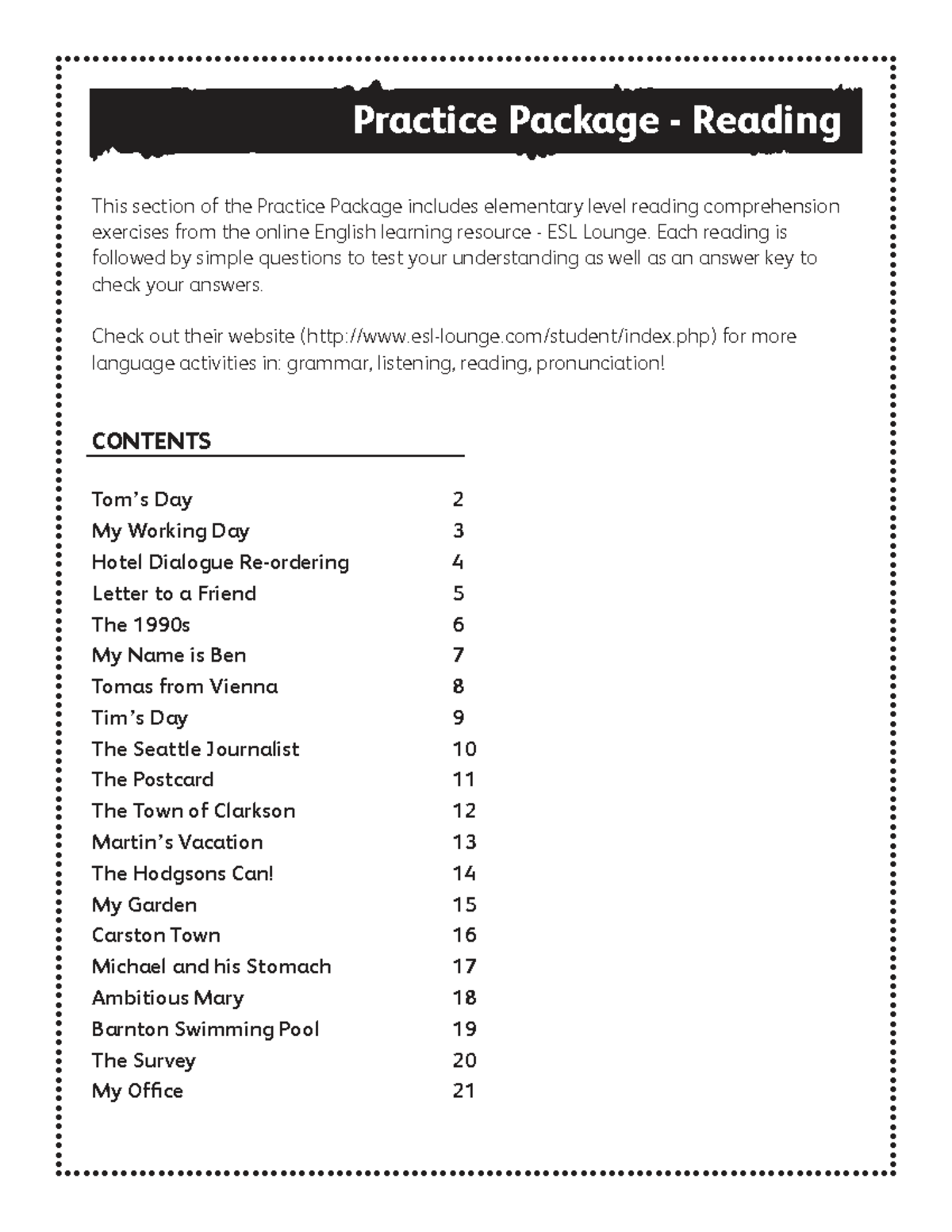 Practice Package Reading: Self-Starter Exercises for ESL Learners - Studocu