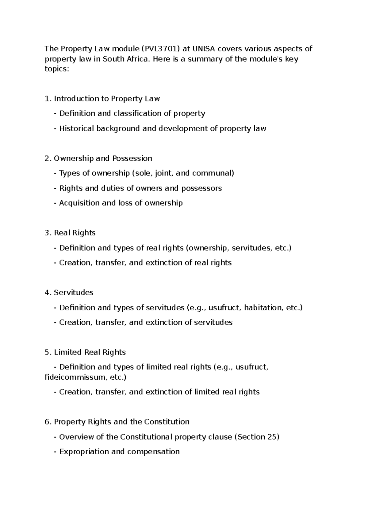 PVL3701 Property Law Module Summary and Key Topics Overview - Studocu