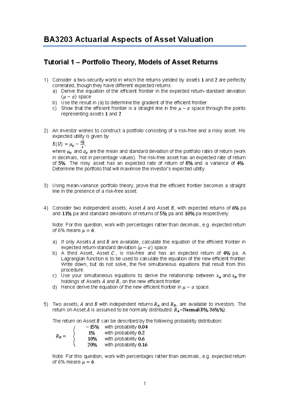 BA3203-T1 Tutorial: Portfolio Theory & Efficient Frontier Analysis - Studocu