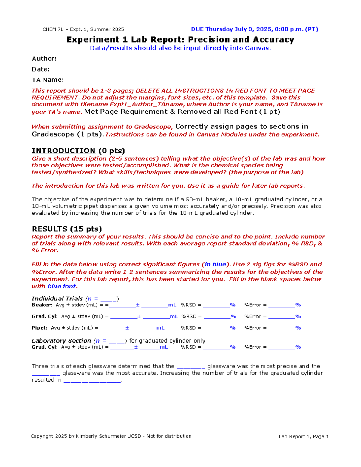 CHEM 7L Expt. 1 Lab Report: Precision and Accuracy Analysis - Studocu