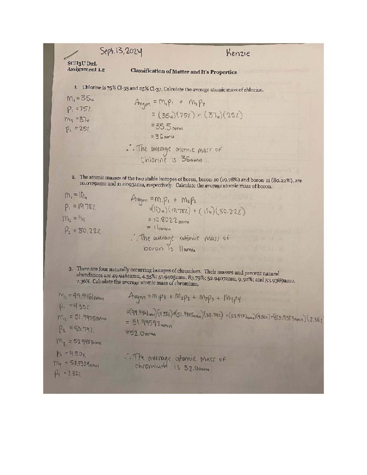 SCH3U Assignment 1.2: Classification of Matter & Atomic Mass ...